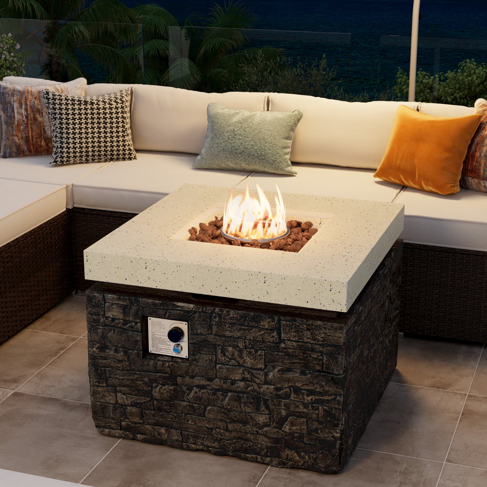 COSIEST Outdoor Patio Sqaure Fire Pit Coffee Table w Faux Black ...