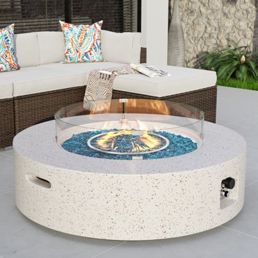 COSIEST Outdoor Round Terrazzo White Propane Fire Pit Coffee Table w ...