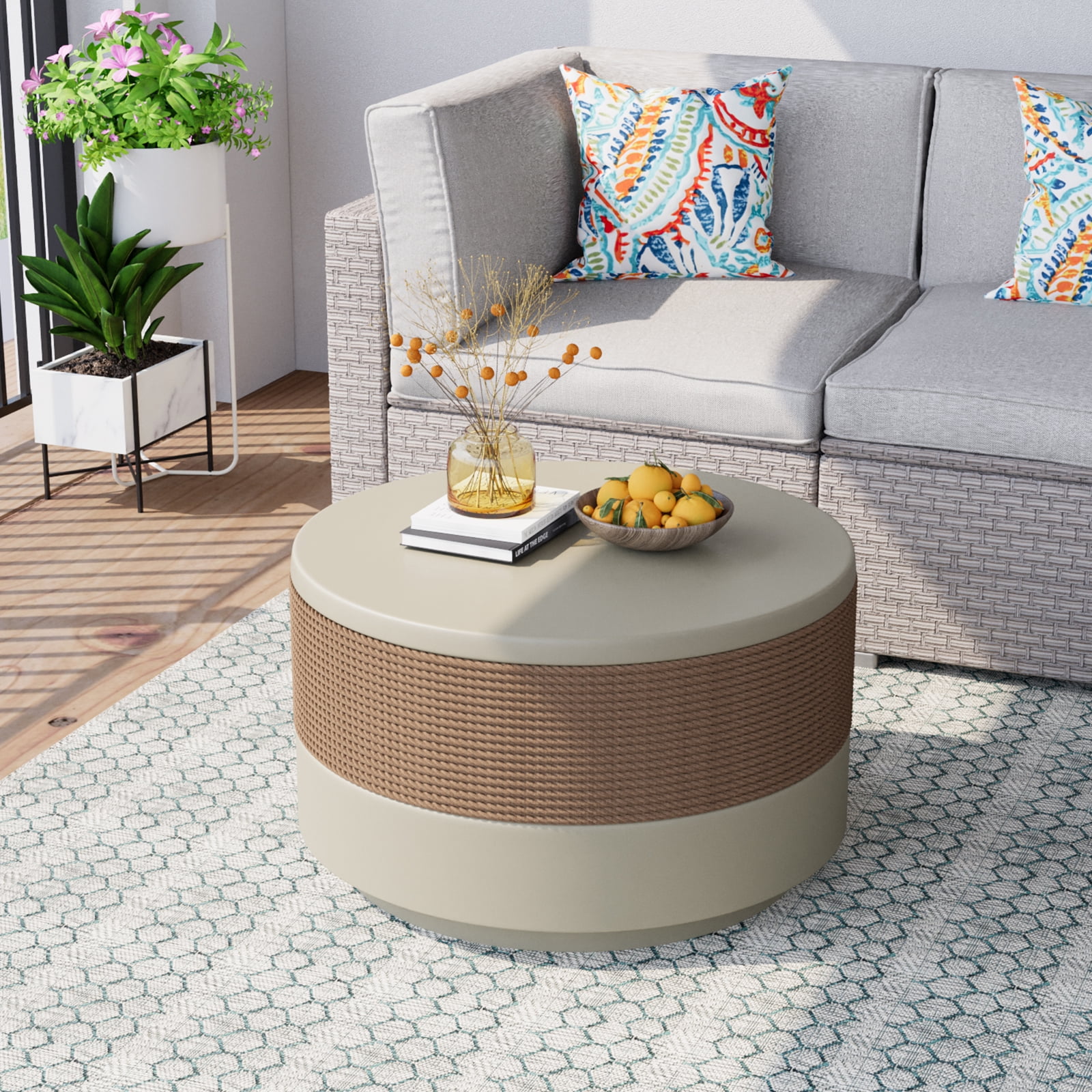 COSIEST Outdoor Round MgO Light Grey Centerpiece Coffee Table with Hemp ...