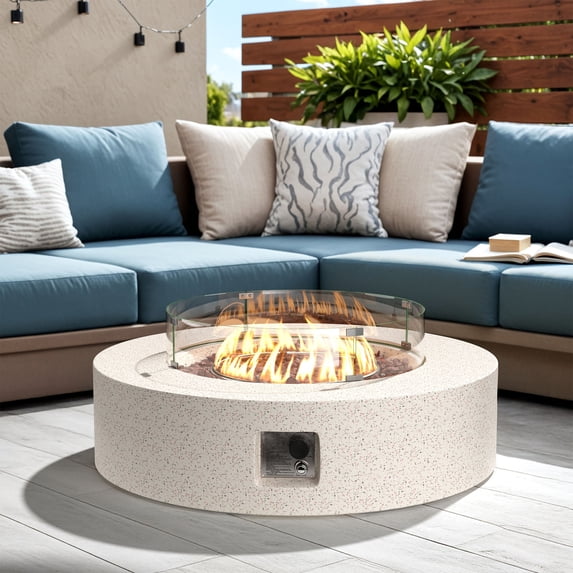 COSIEST Outdoor Patio Propane Fire Pit Coffee Table, Beige Round ...