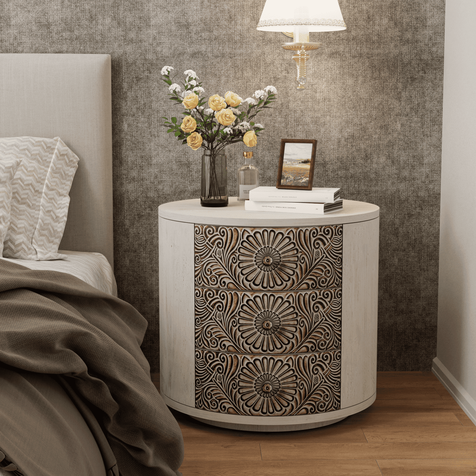 COSIEST Solid Wood Round 3-Drawer Chest Storage Cabinet, Light Gray for ...