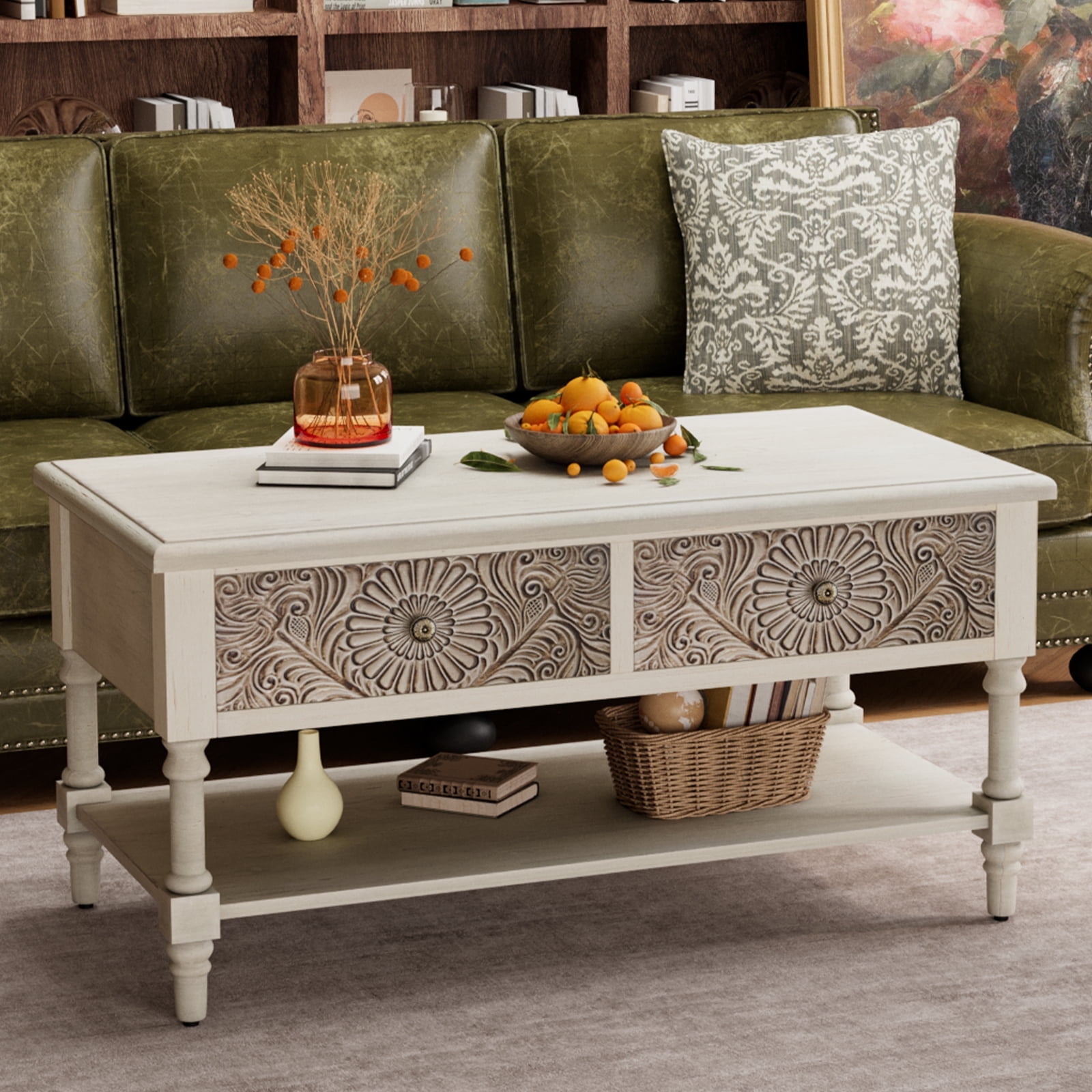COSIEST Vintage Rectangular Coffee Table w Drawers, Farmhouse 2 Tier ...