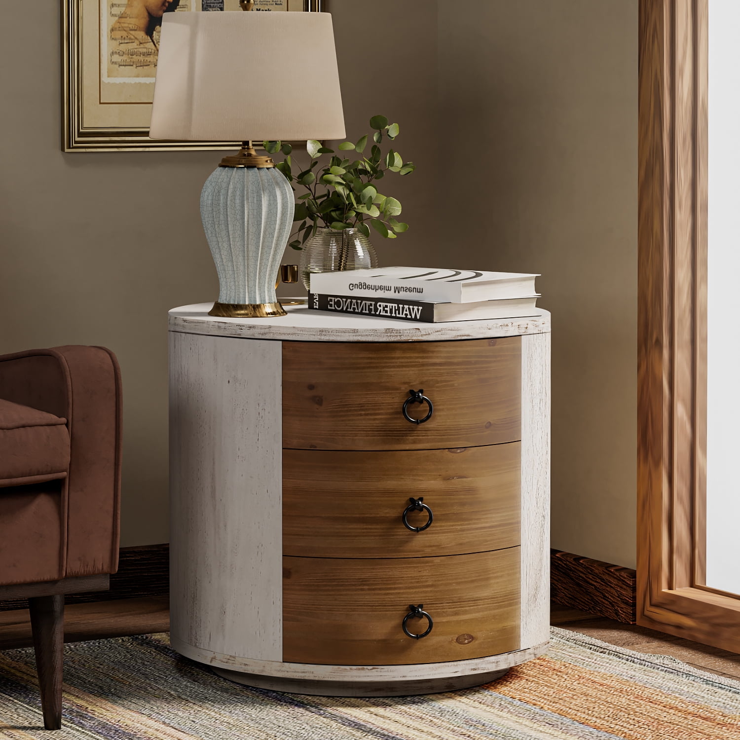 COSIEST 20-inch Round Wooden Side Table, Bedroom Furniture, 3-Drawer ...