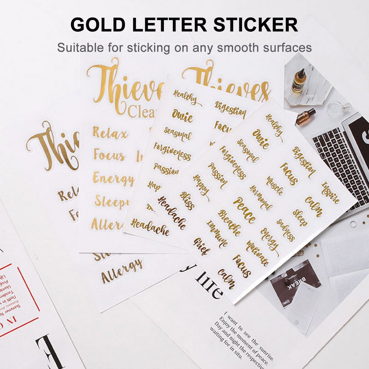 COSMOBETTY 5 Sheets Golden Essential Oil Bottle Labels Letter Sticker ...