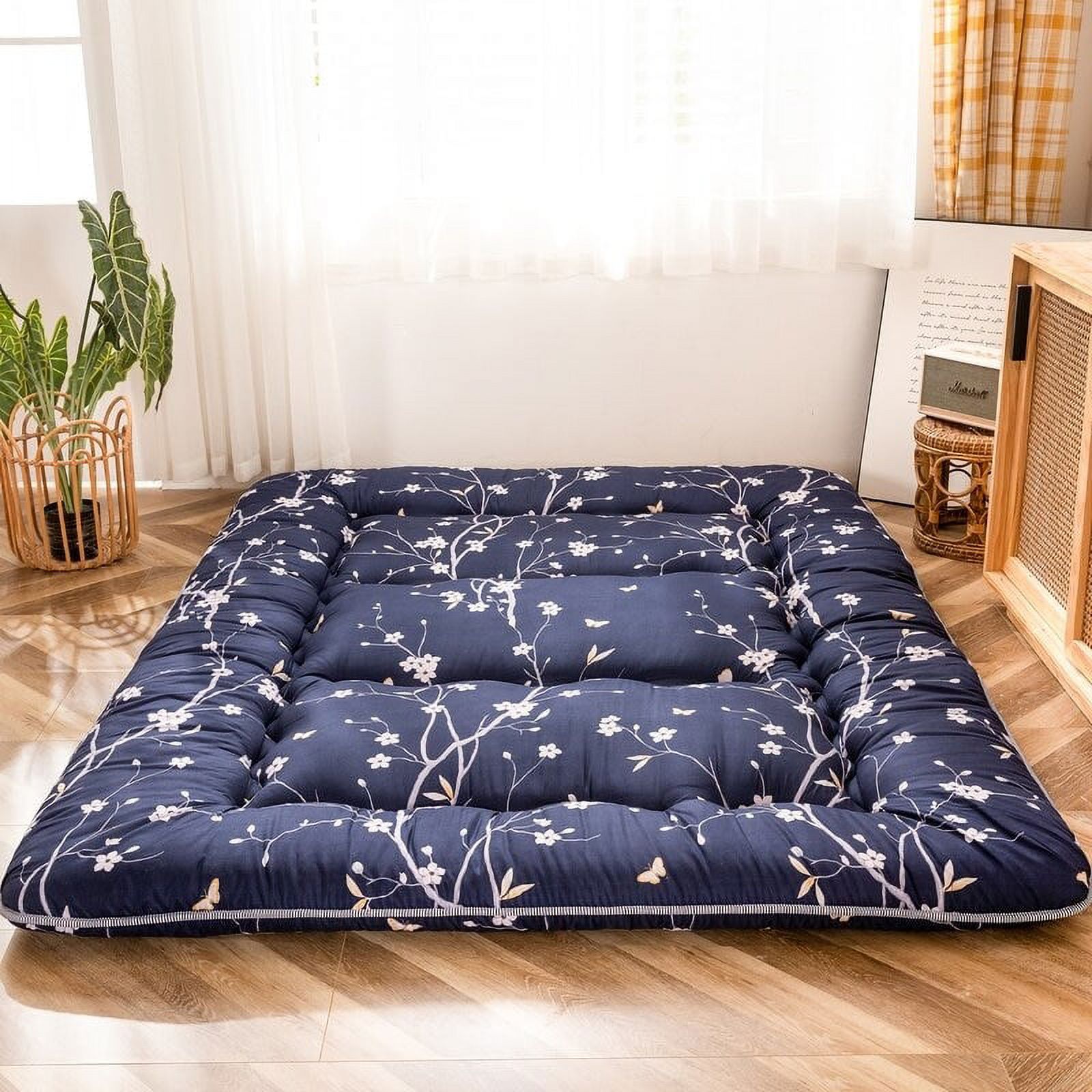 COSMOGO 4-Inch Navy Floral Printed Japanese Floor Futon Mattress 60"x80 ...