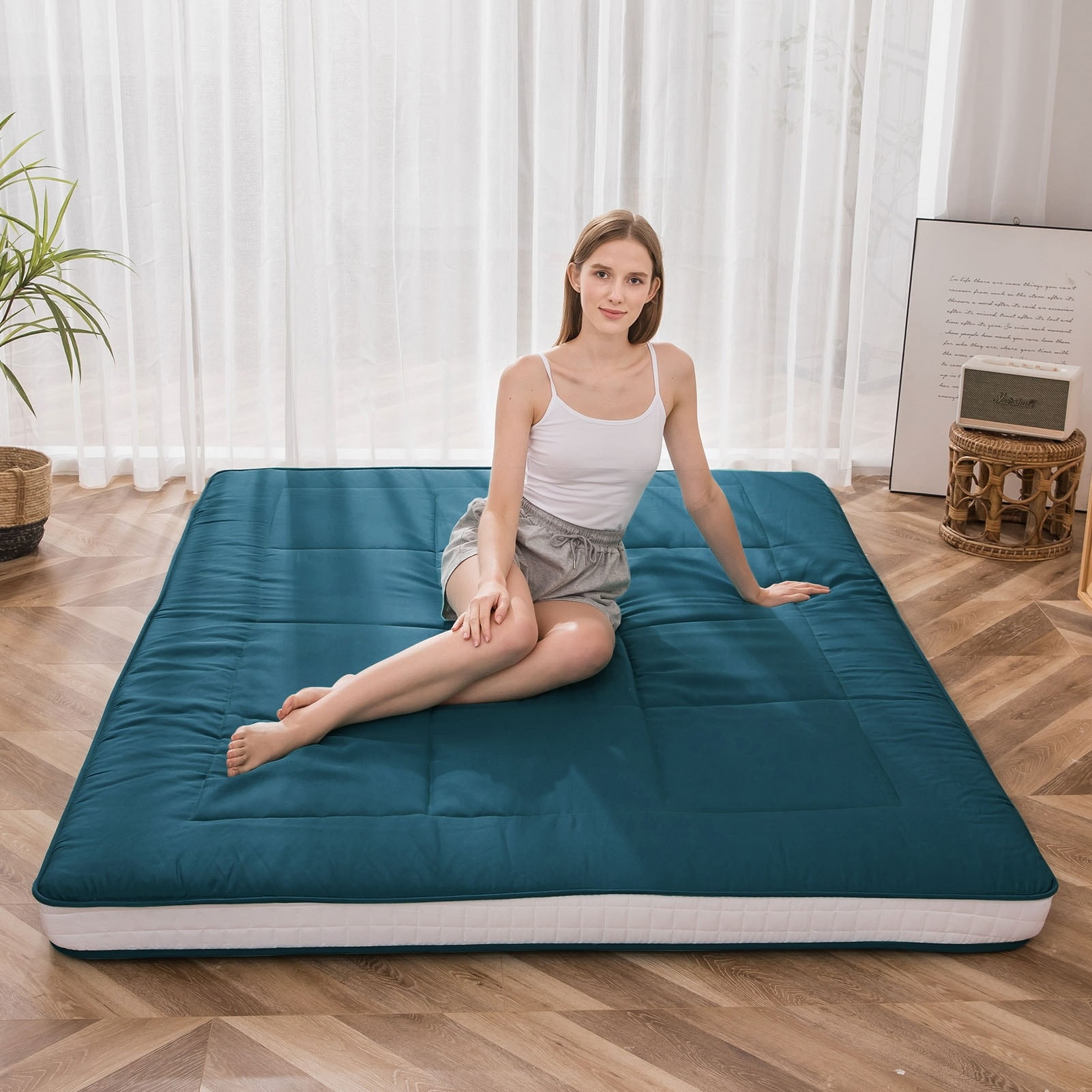 COSMOGO Padded Japanese Foldable Roll Up Floor Futon Mattress Blue ...