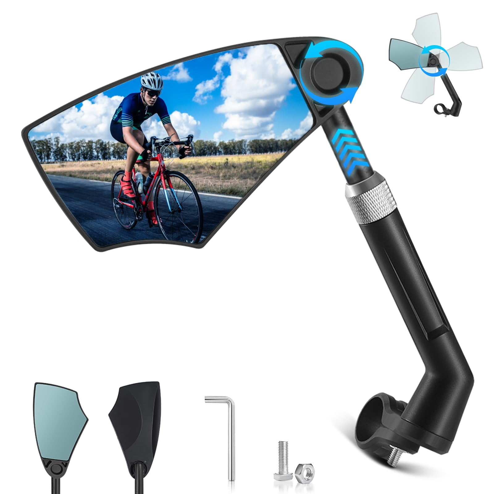 COSMOING Anti-Glare Handlebar Bike Mirror, Retractable Mirror Rod & 360 ...