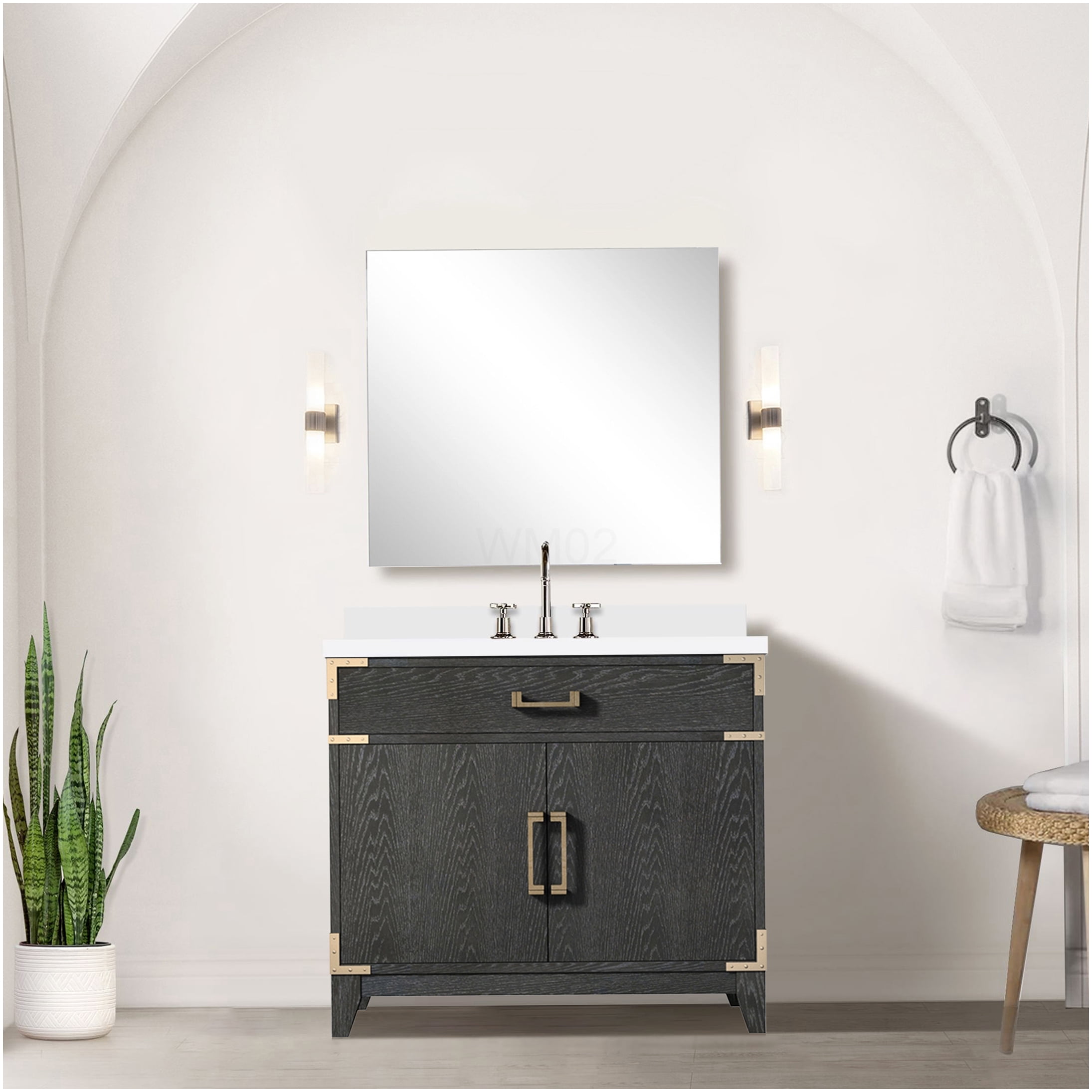 COSMOS 36 inch Black Oak Bathroom Vanity Set with White Quartz Top and ...