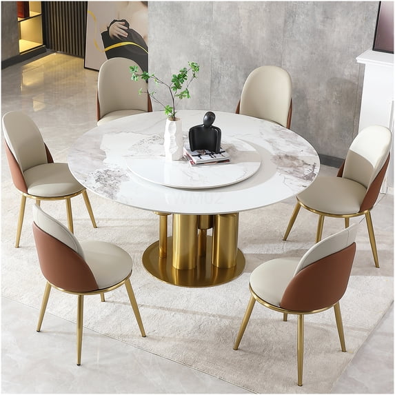 COSMOS 59" Round Dining Table Set with Lazy Susan, Modern Sintered ...