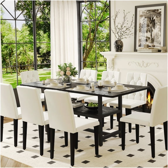 COSMOS 71" Modern Black Dining Table with Storage and 8 White PU Chairs ...