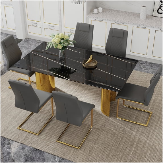 COSMOS Modern 6-Piece Dining Set with Marble-Look Glass Table & Gold ...