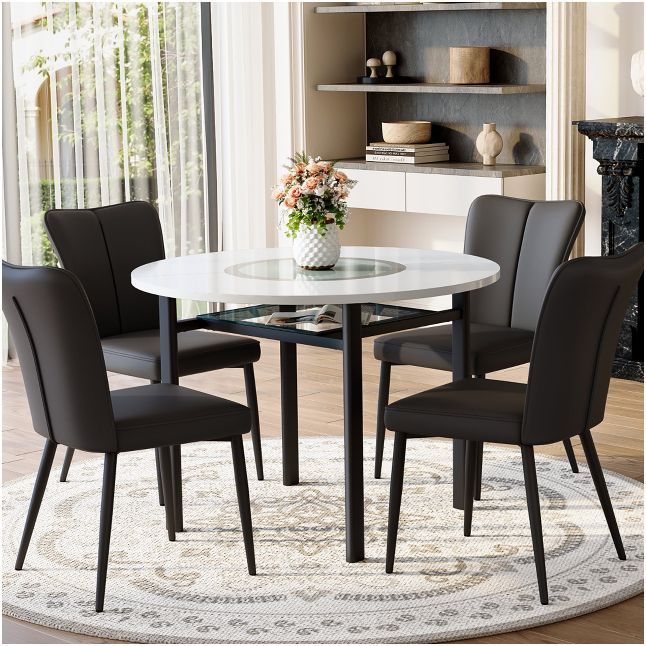 COSMOS Modern Minimalist 42 Inch Round Dining Table Set with 4 Black PU ...