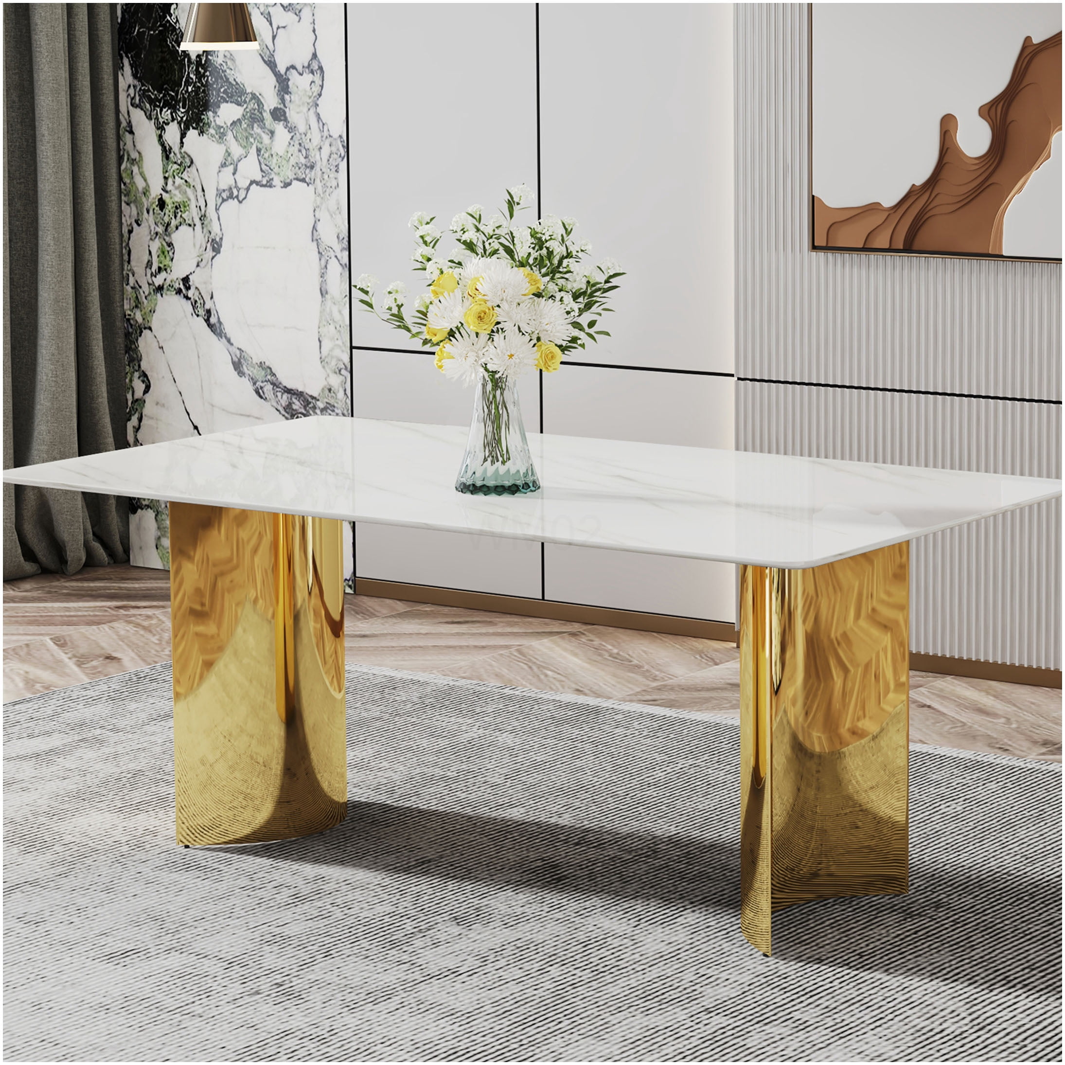 COSMOS Modern Minimalist Dining Table with White Faux Marble Glass Top ...