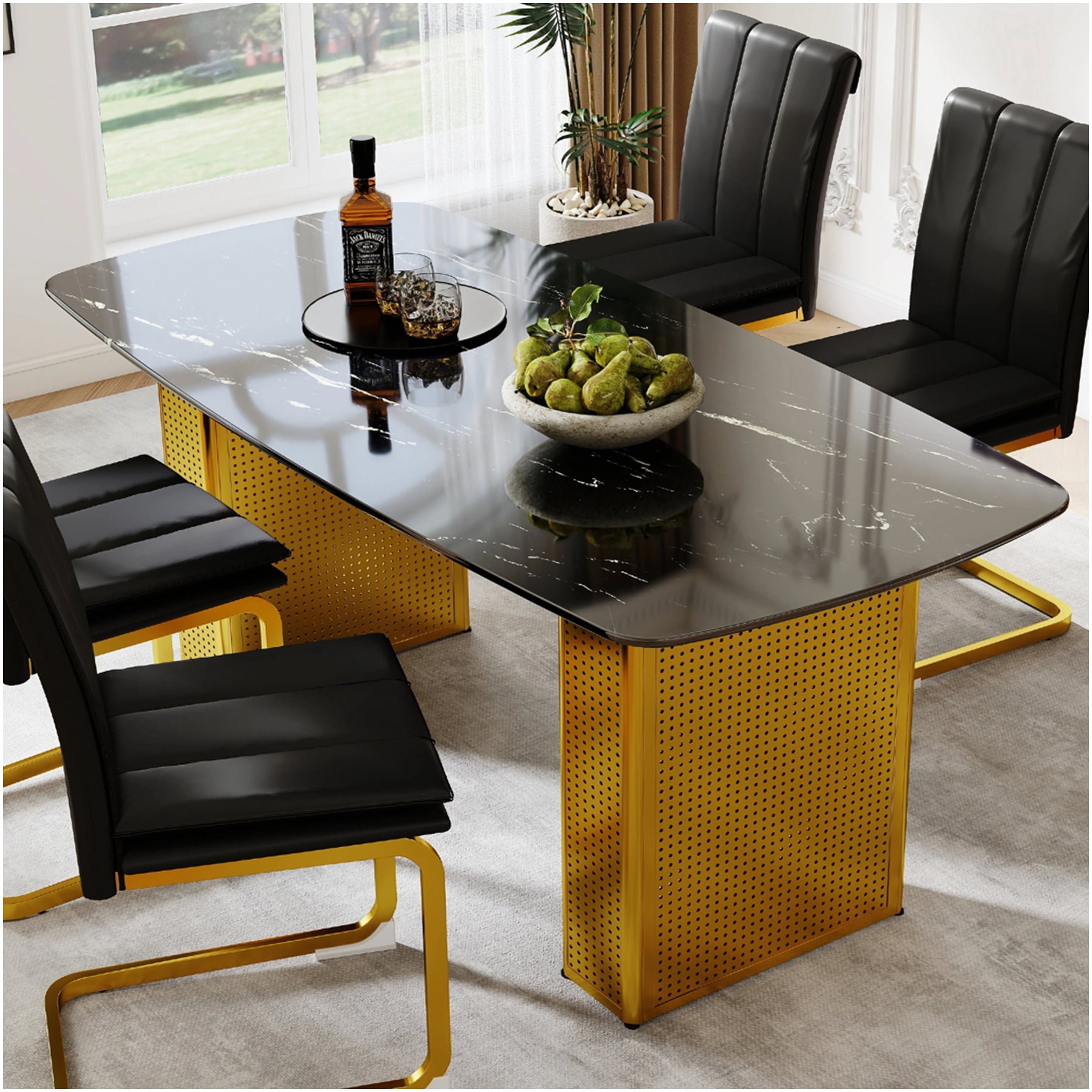 COSMOS Modern Rectangular Dining Table with Marble Pattern Glass Top ...