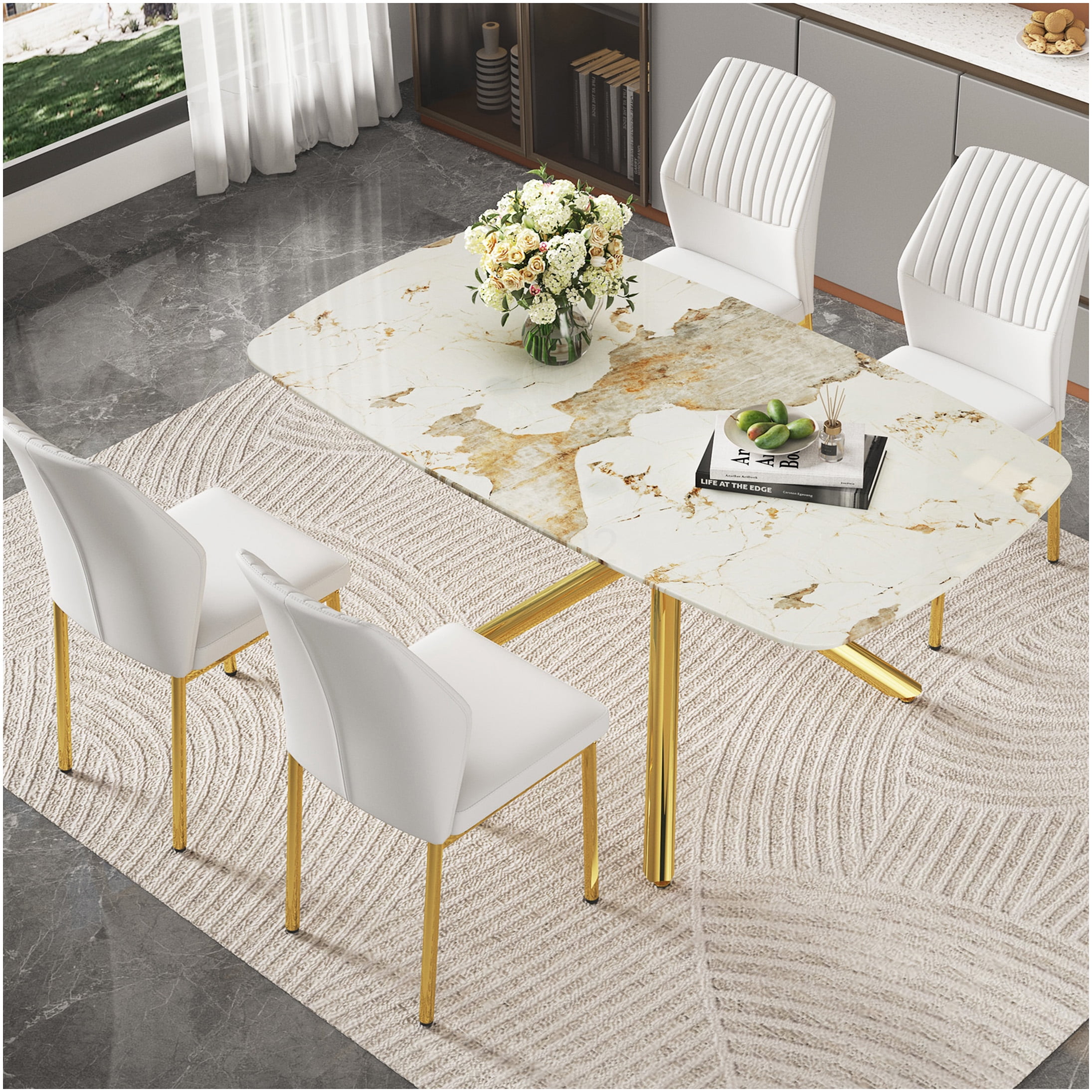 COSMOS Modern White & Gold Dining Set: 4 PU Chairs with Marble Glass ...