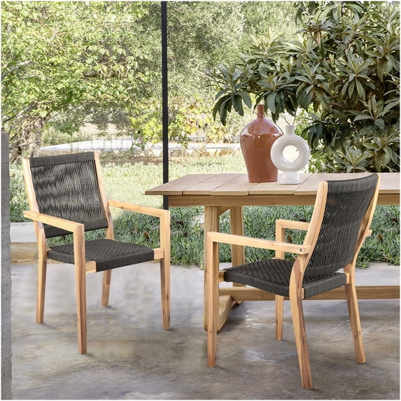 COSMOS Set of 2 Black Eucalyptus Wood Rope Dining Chairs, Teak Finish ...