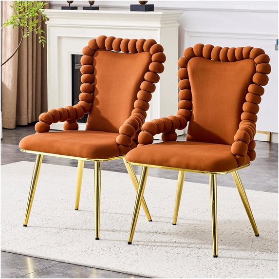 COSMOS Set of 2 Modern Brown Velvet Dining Chairs with Gold Ball Chain ...