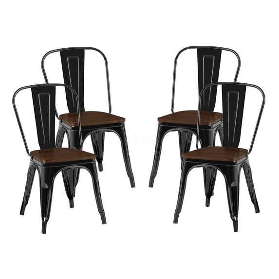 COSMOS Set of 4 Modern Stackable Dining Chairs, Black with Walnut Seat ...