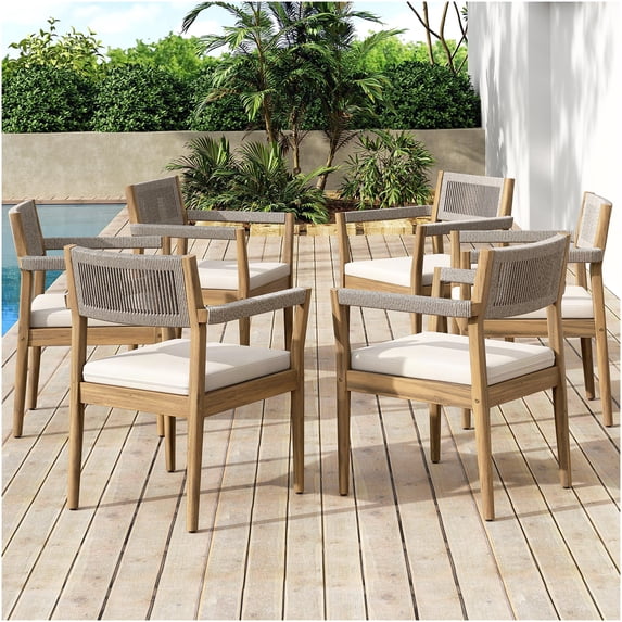 COSMOS Set of 6 Acacia Wood Patio Dining Chairs with Cream Cushions and ...
