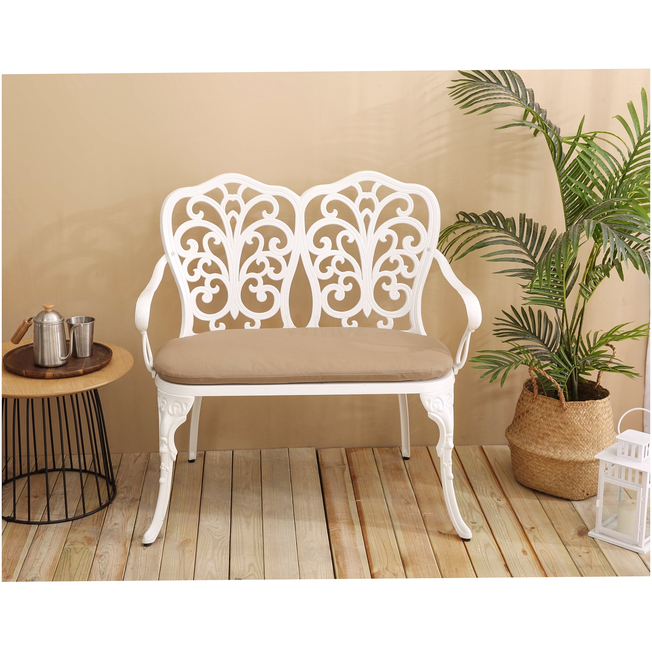 COSMOS White Cast Aluminum Garden Bench with Floral Backrest & Cushion ...