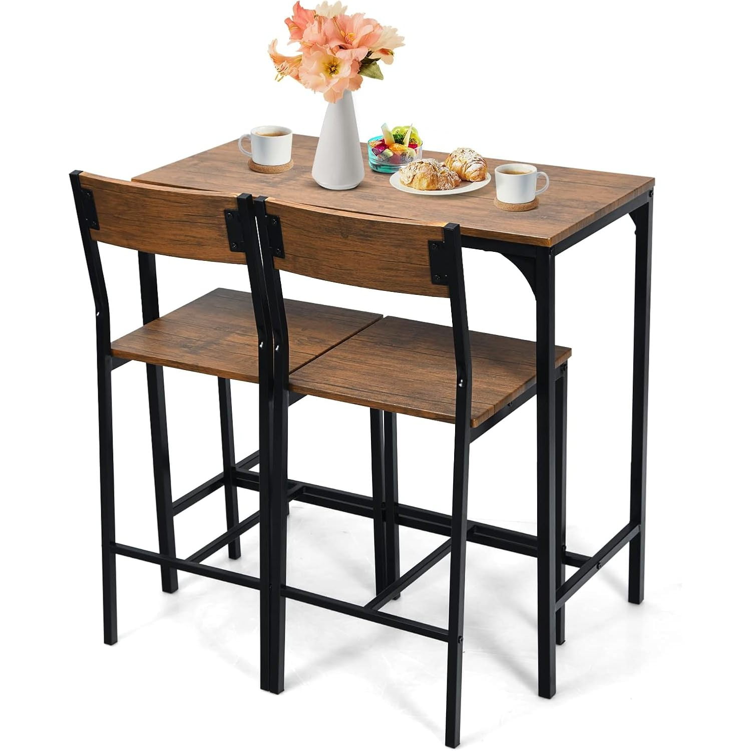 COSTWAY 3 Pieces Bar Table Set, Pub Table Set W/Heavy Duty Steel Frame ...