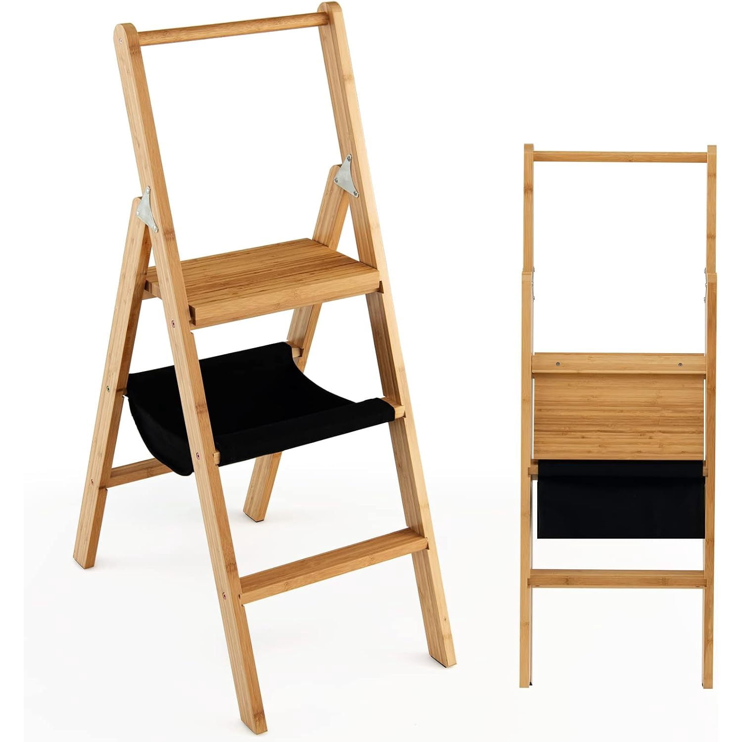 COSTWAY 3 Step Bamboo Ladder, Folding Step Stool with Storage Bag, High ...