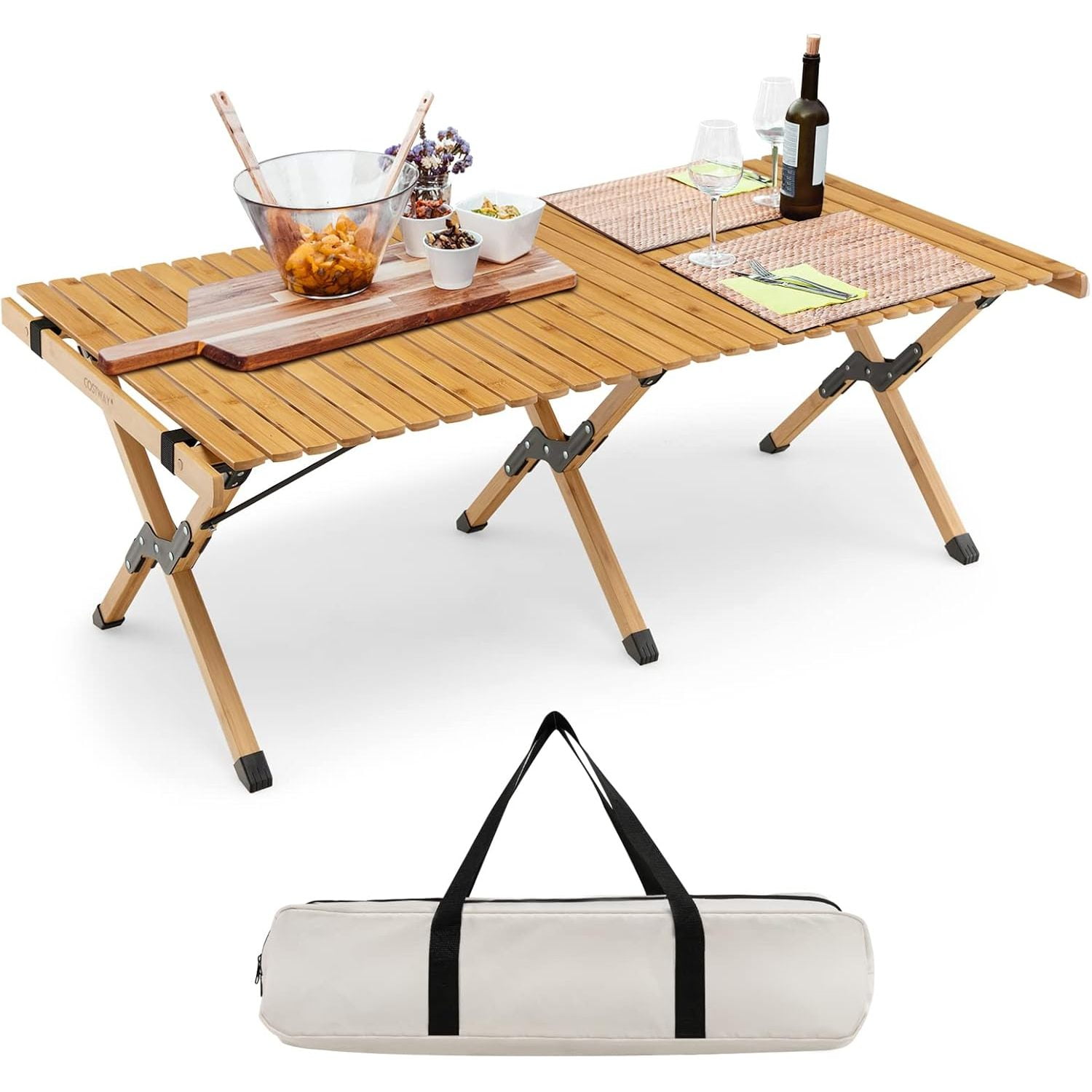 COSTWAY Folding Picnic Table, Portable 4ft Roll Up Camping Table with ...