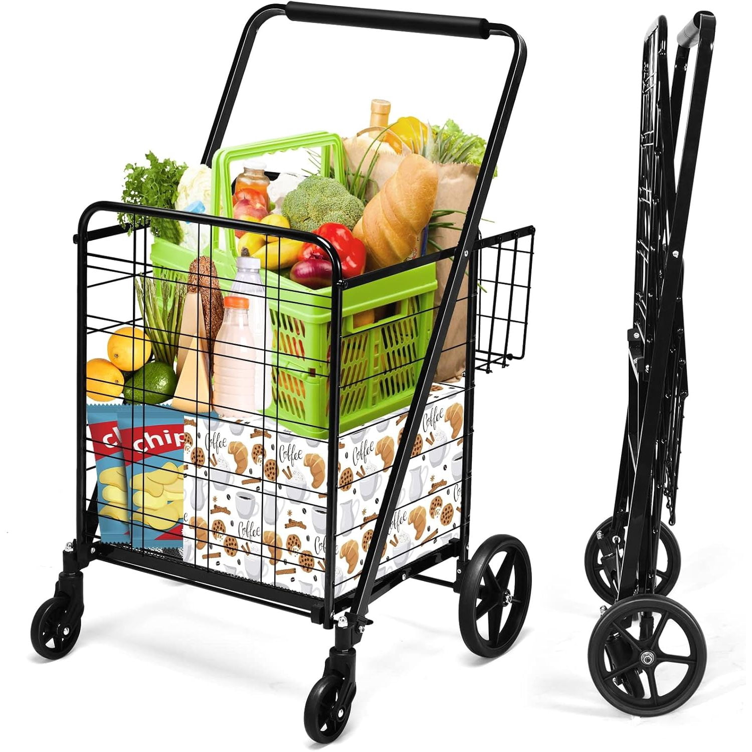 COSTWAY Folding Shopping Cart, Extra Jumbo Double Basket Grocery Cart ...