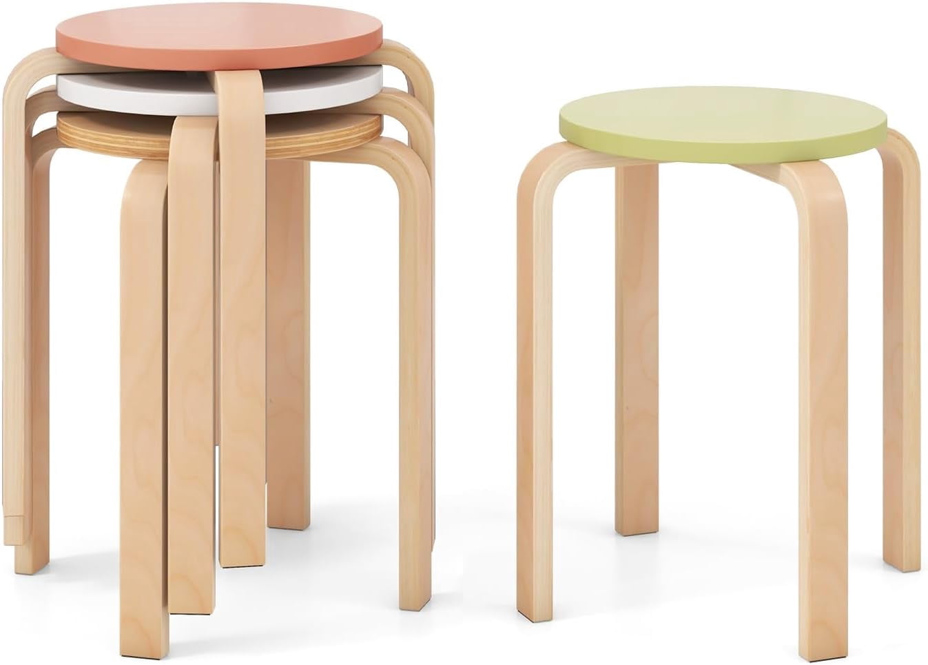 COSTWAY Stackable Bentwood Stools Set of 4, 18-Inch Height Backless ...