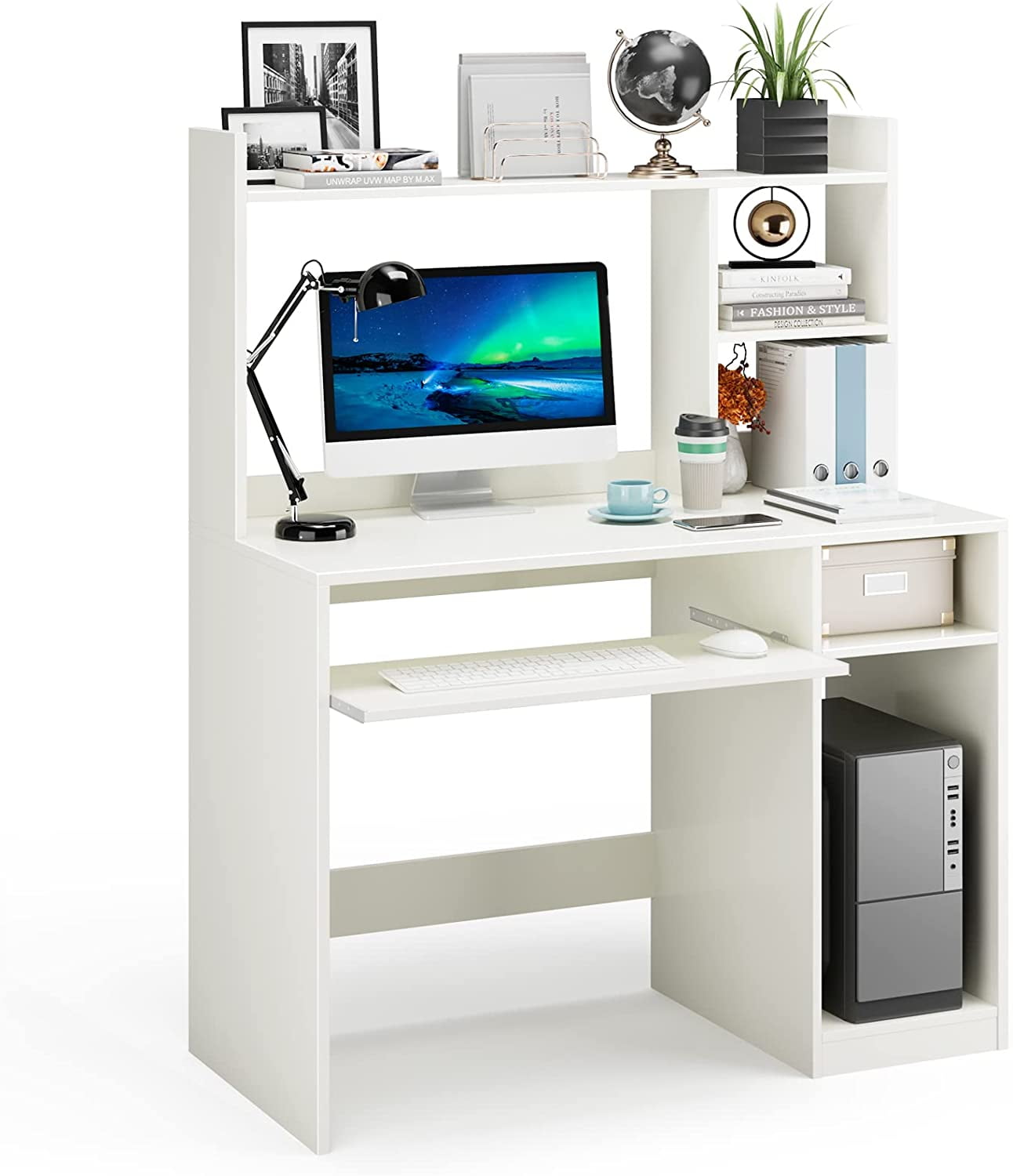 COSTWAY White Computer Desk with Storage Shelf, Wooden Writing Desk ...