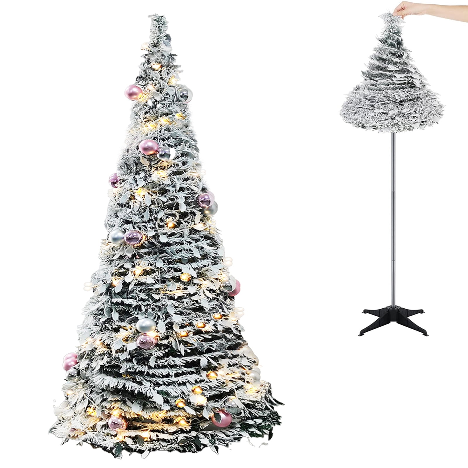 COSTYLE Pre-Lit Christmas Tree, 6 FT Flocked Fully Decorated Pull Up ...