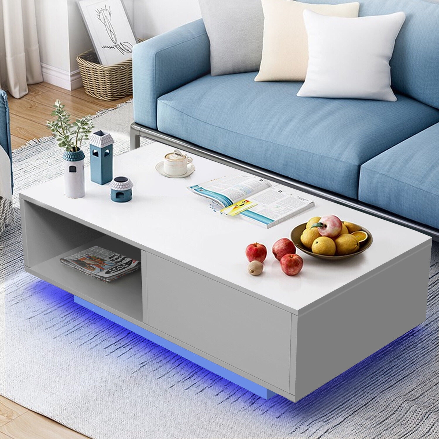 COSVALVE 43.3" High Gloss White Coffee Table with 16 Colors LED Light ...