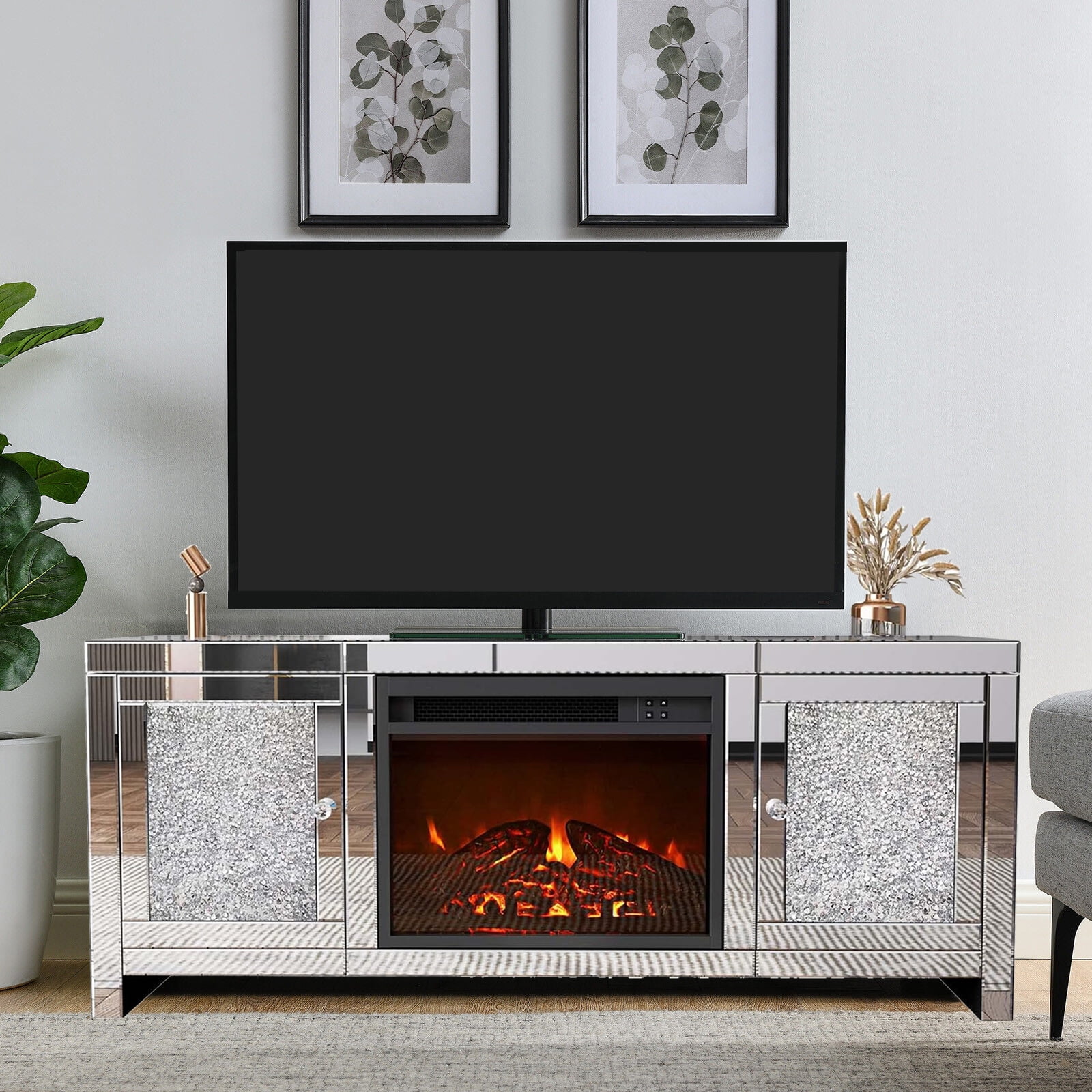 COSVALVE 47.2" Modern Silver LED TV Stand Electric Mirrored Fireplace ...