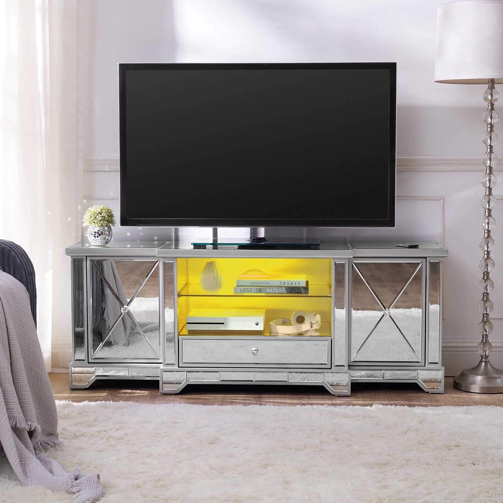 COSVALVE 57" Mirrored LED TV Stand Entertainment Center 8 Colors,Shelf ...