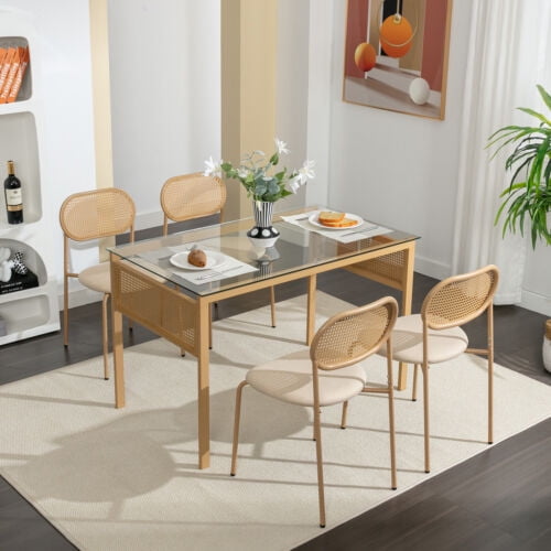 COSVALVE 5PCS Boho Dining Set Furniture Glass Table & 4 Chairs with ...