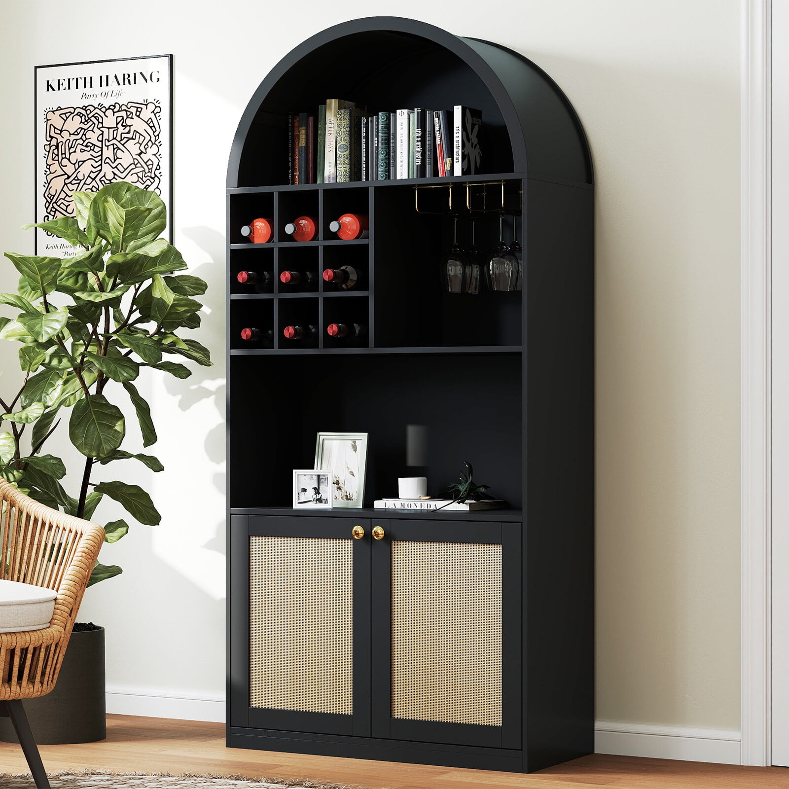COSVALVE 71" Arched Bar Cabinet with Glass Holder, Wine Rack, Shelves ...