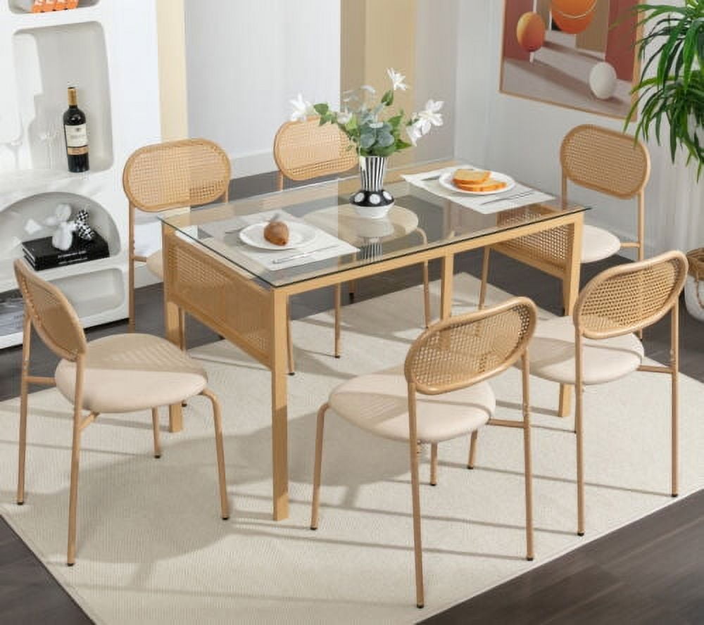 COSVALVE Boho Rattan 7PCS Dining Set: Rectangular Glass Metal Table and ...