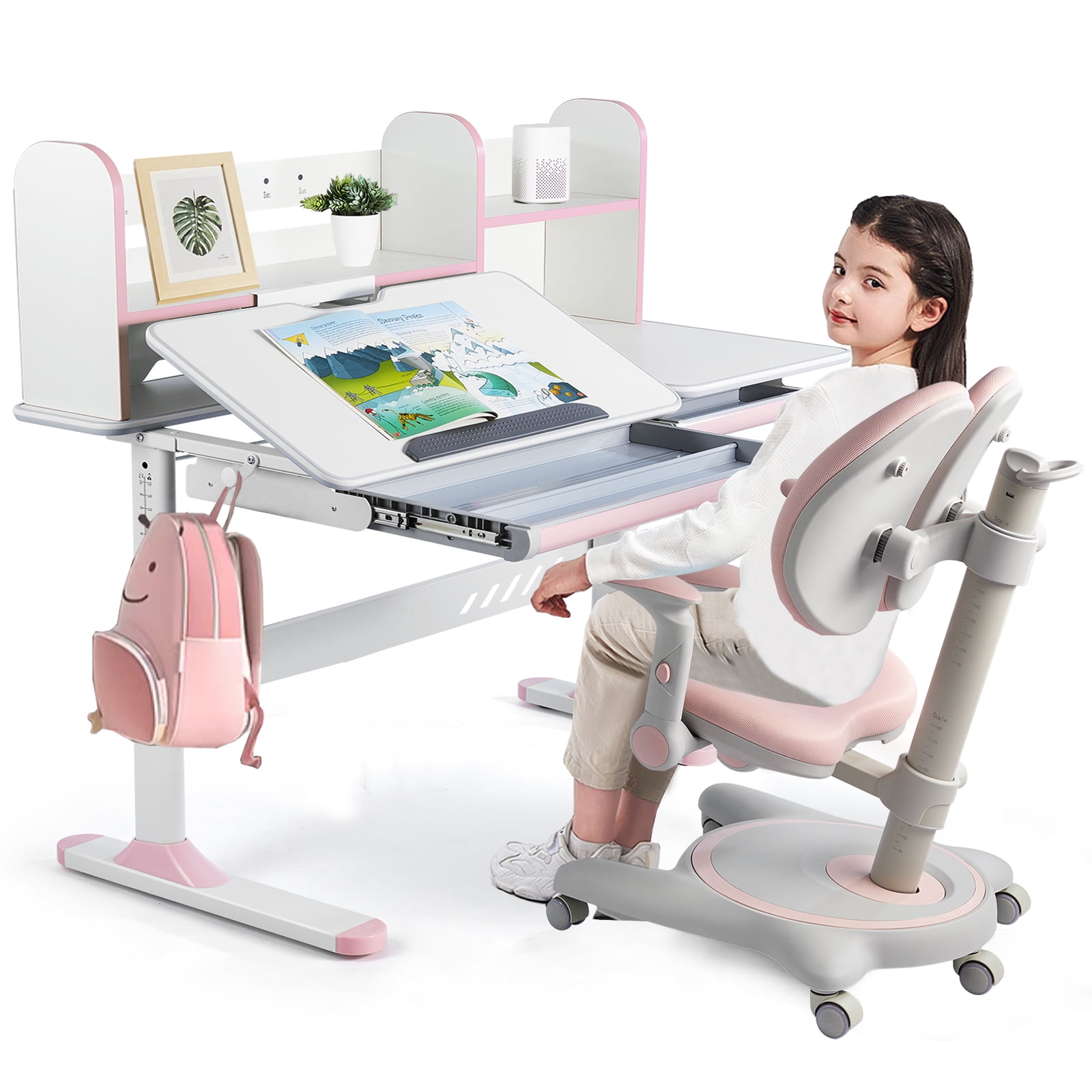 COSVALVE Height Adjust Kids Study Desk and Chair Set Tilt Desktop Table ...