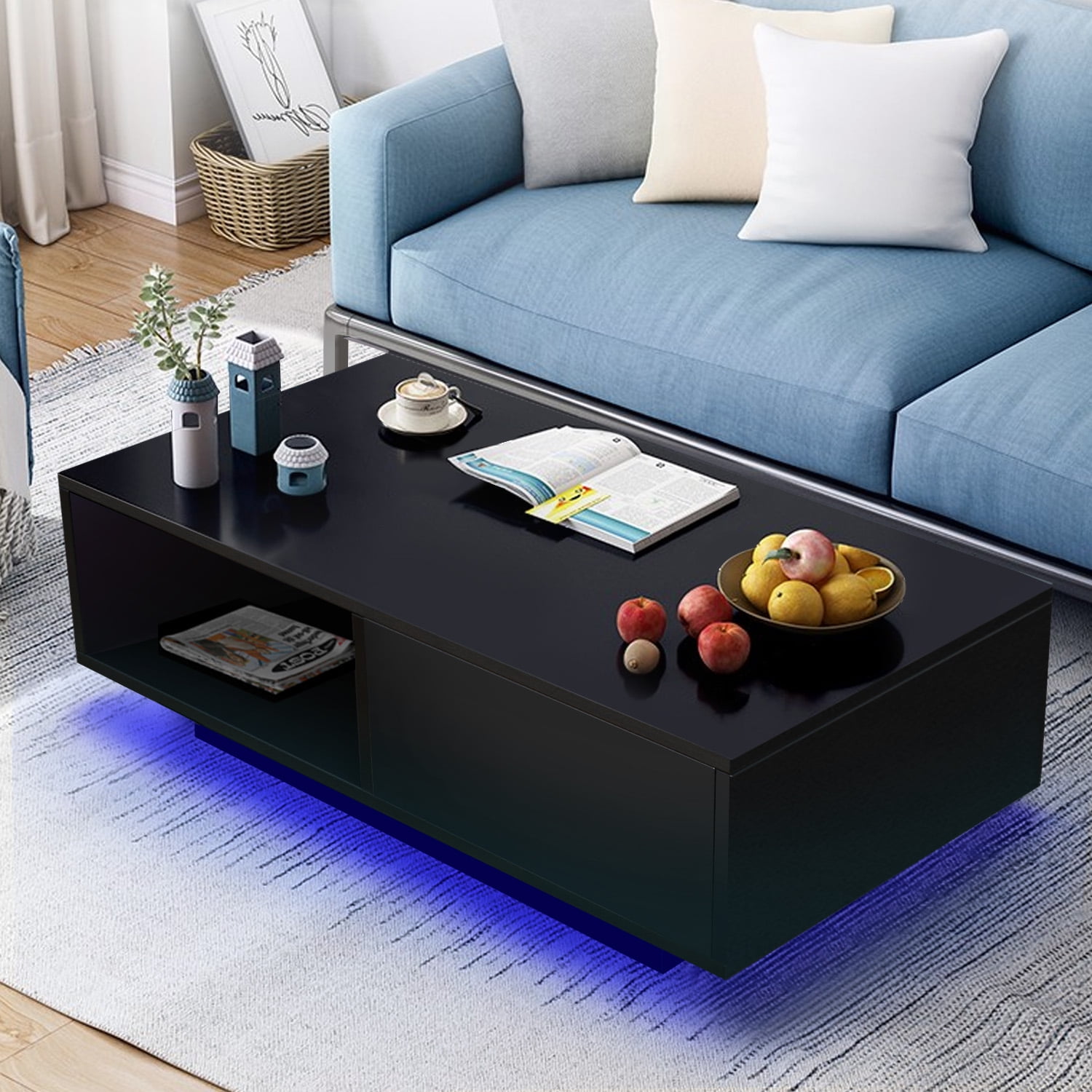 COSVALVE High Gloss Coffee Table MDF Side Table Living Room w/Drawer,16 ...