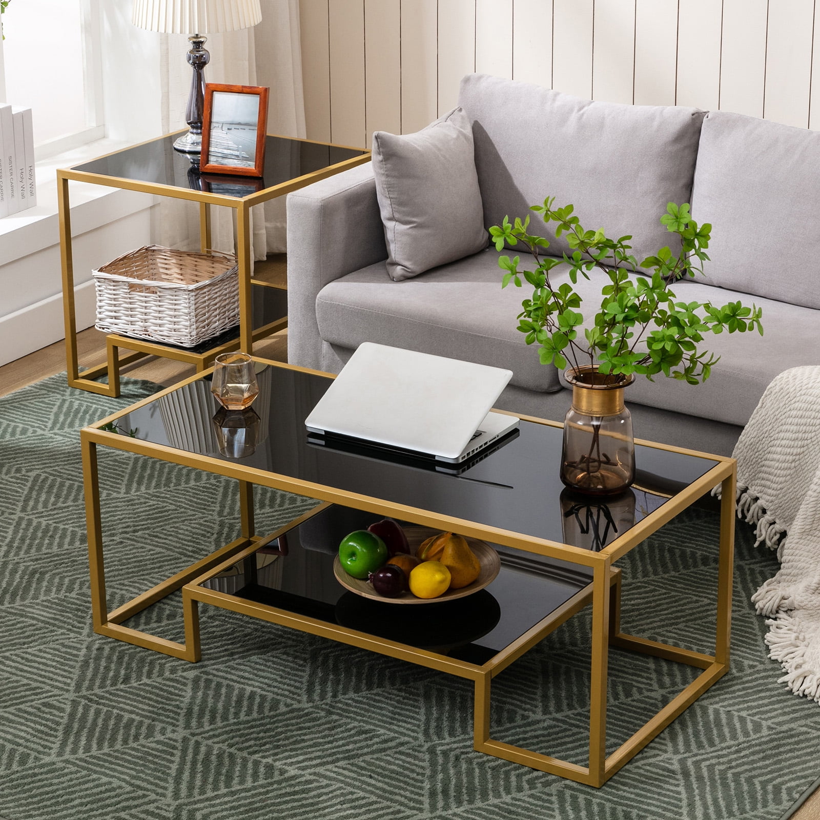 COSVALVE Modern Black Glass Top 2 Piece Table Set include Coffee Table and End Table Bronze Metal Frame with Shelf