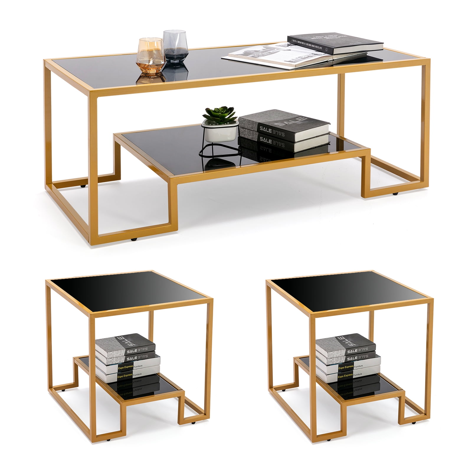 COSVALVE Modern Black Glass Top 3-Piece Table Set,includs Coffee Table ...