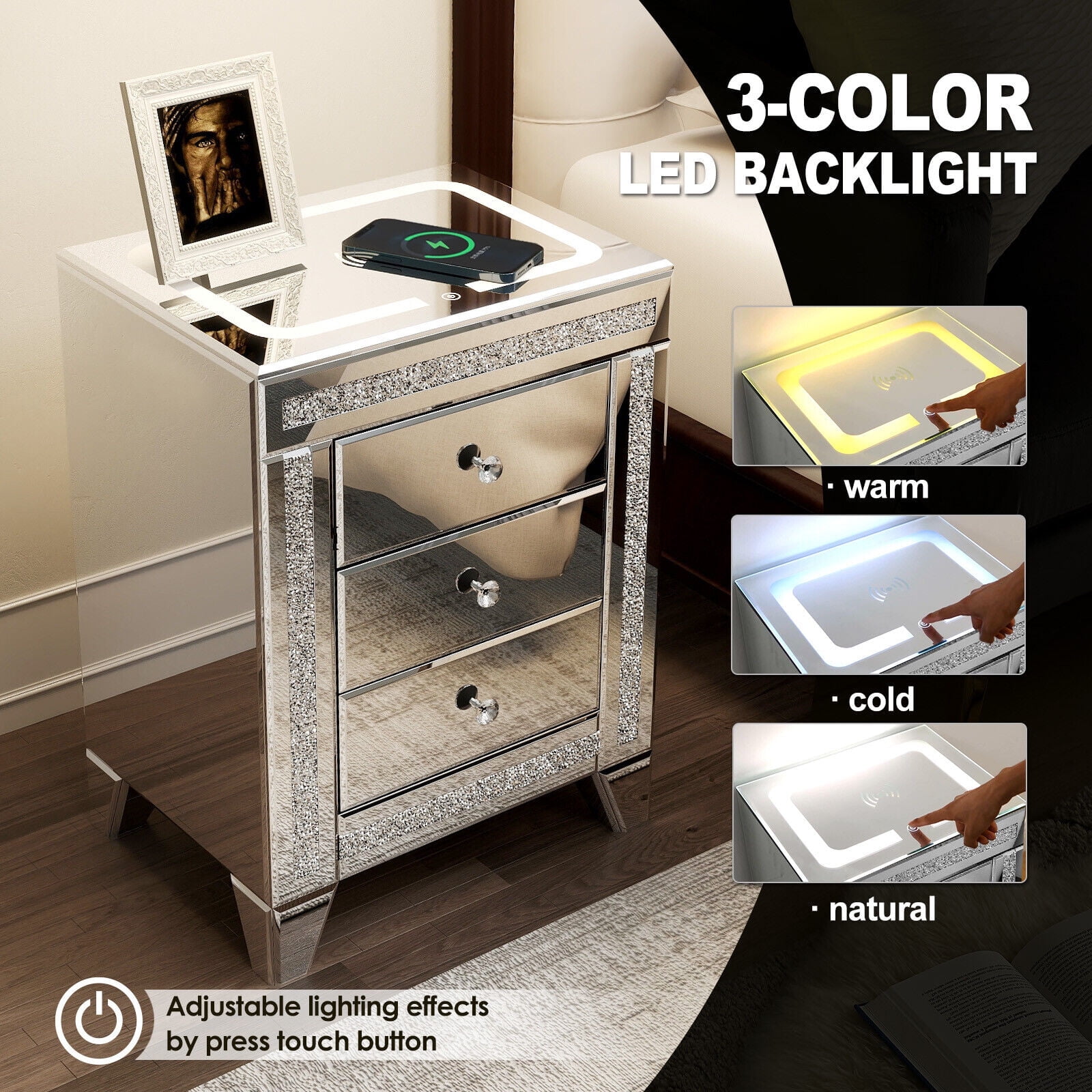 COSVALVE Modern LED Mirrored Nightstand Side End Table Crystal Inlay w ...