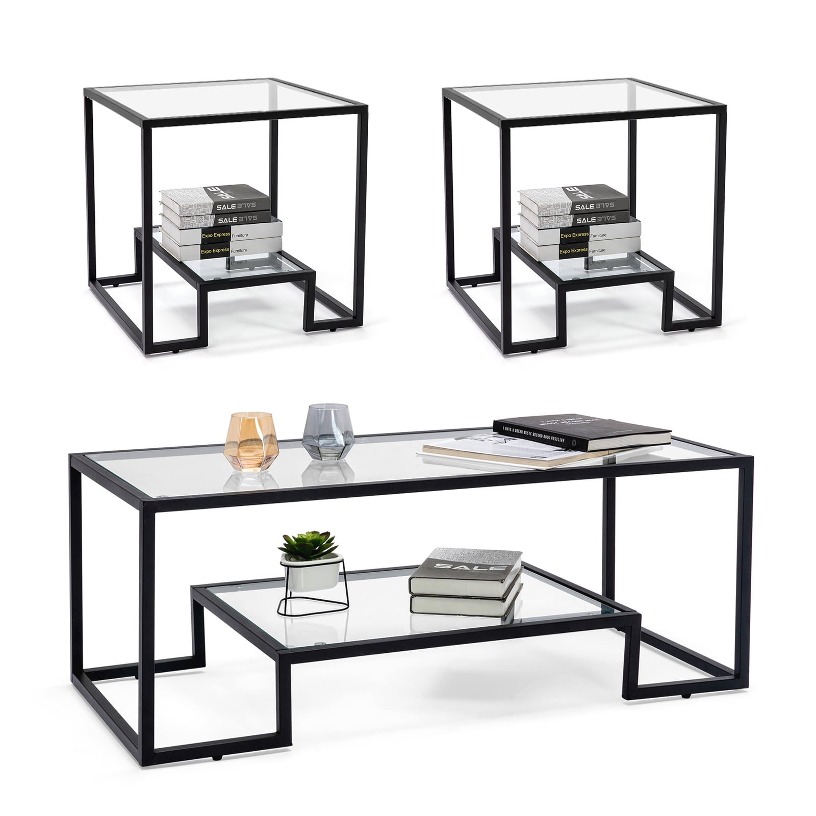 COSVALVE Modern Tempered Glass Top 3-Piece Table Set,include Coffee ...