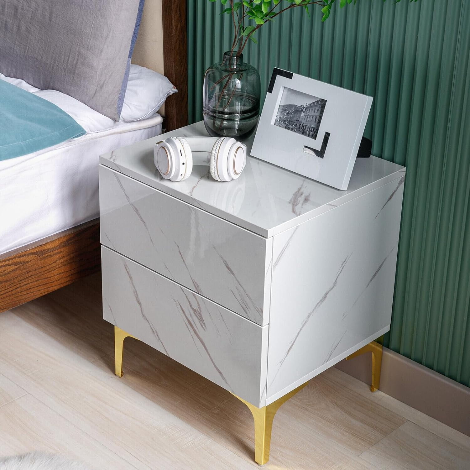 COSVALVE Nightstand Small Table, Modern Marble White End Table with Two ...