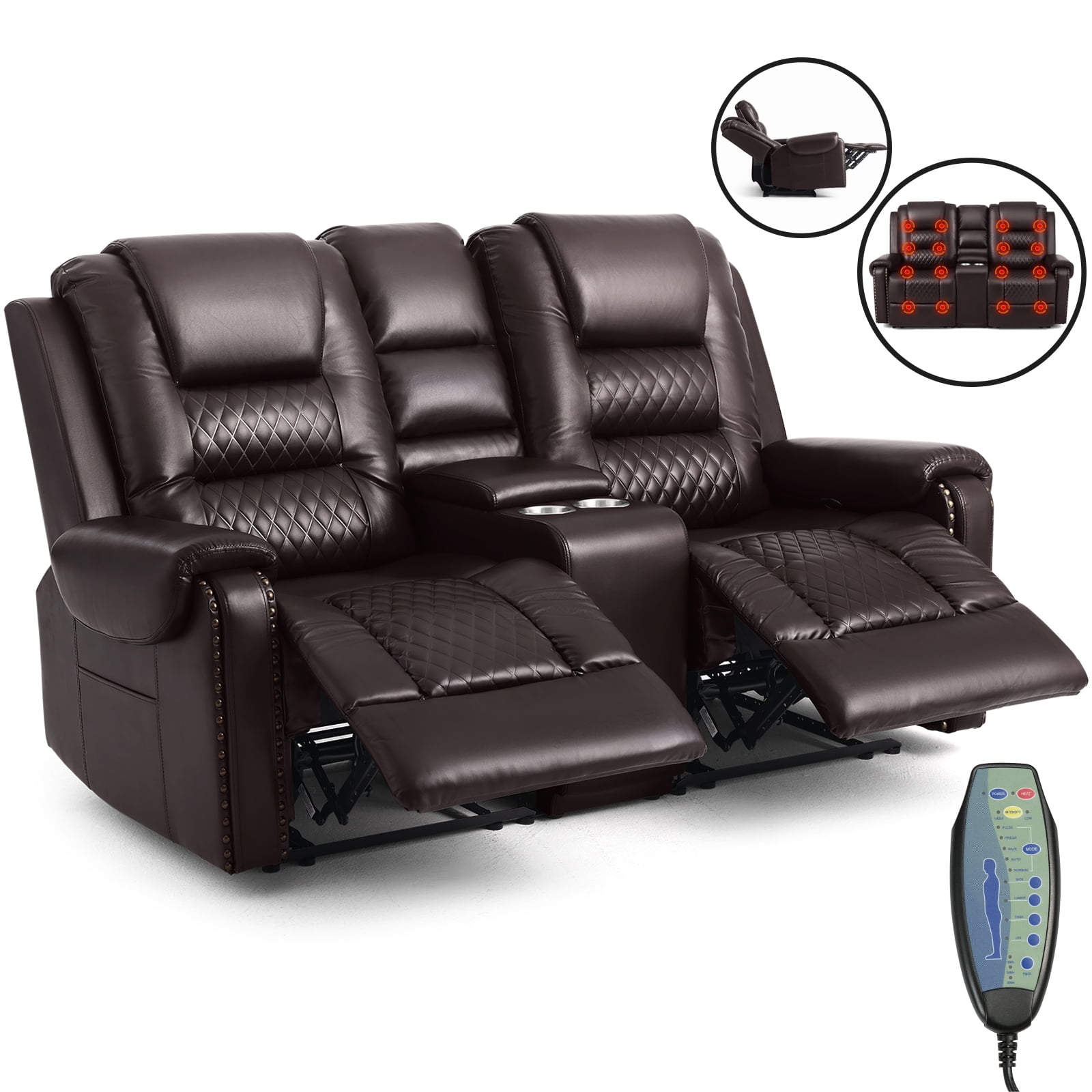 COSVALVE PU Leather Two-Seater Recliner Sofa with Massage, Heat, Cup ...
