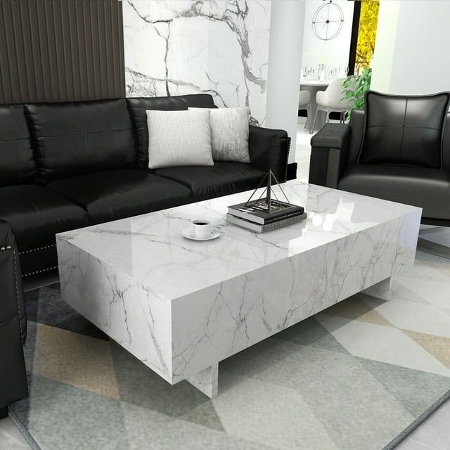 "COSVALVE Modern High Gloss White Marble Rectangle Coffee Table for Living Room 42.5""x20.9""x12 ...