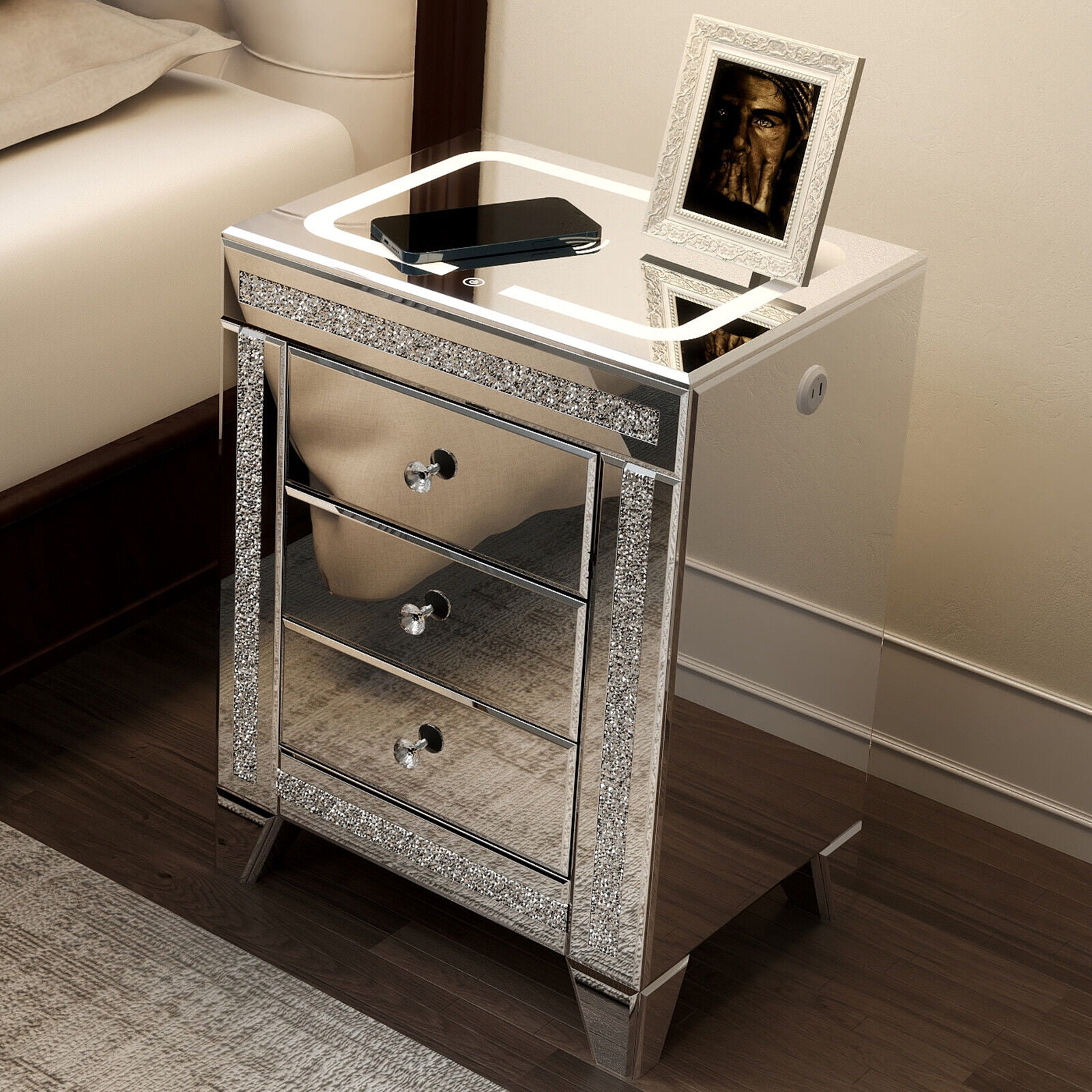 COSVALVE Silver Mirrored Nightstand End Table Side Table with Charging ...