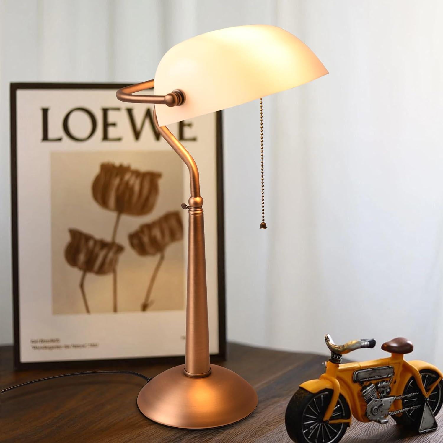 COSYLUX Tall Bankers Lamp, Vintage Sleek Glass Shade Table Lamp with ...
