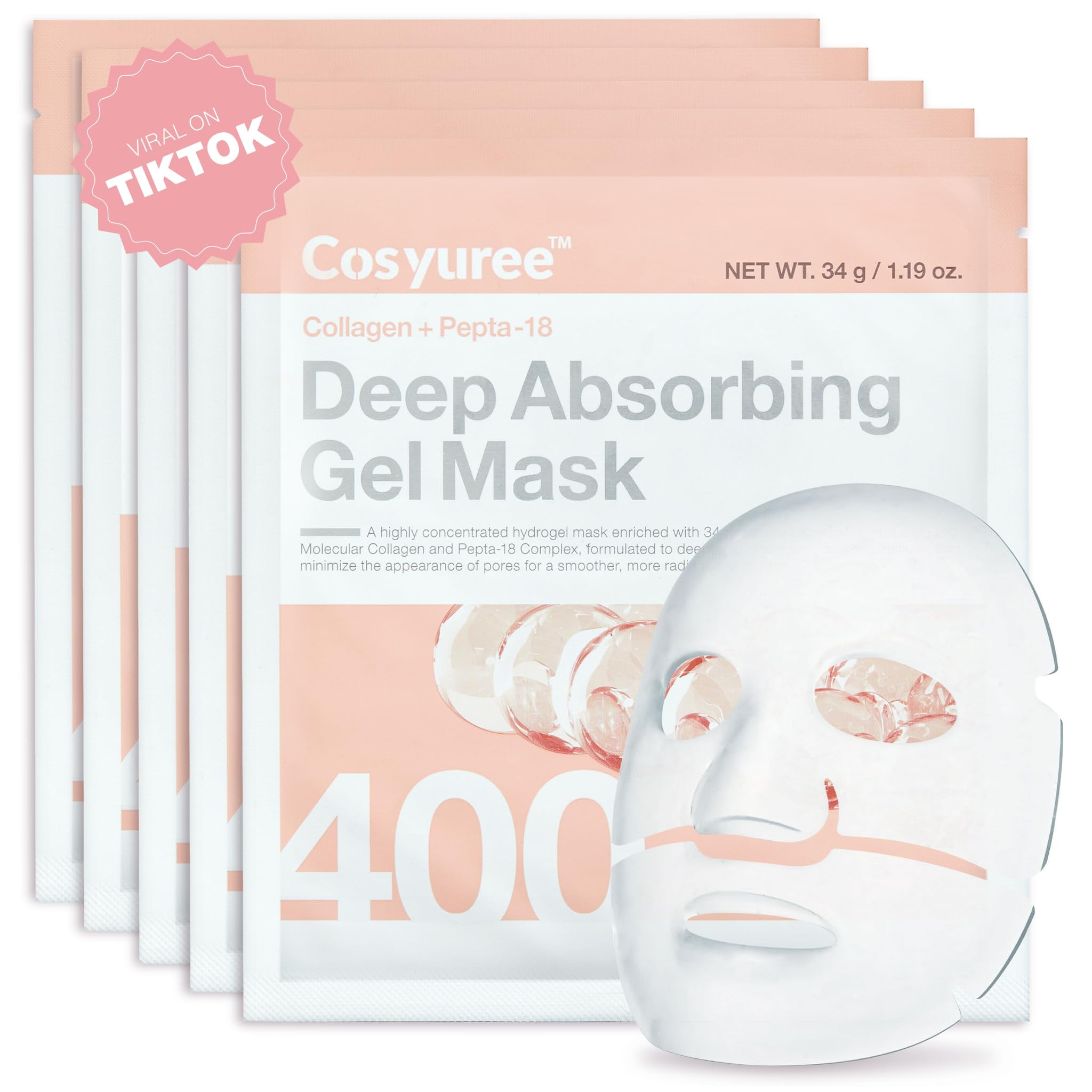 COSYUREE Collagen Deep Absorbing Hydrogel Mask (50g x 5ea) Korean Collagen Face Mask for Deep ...