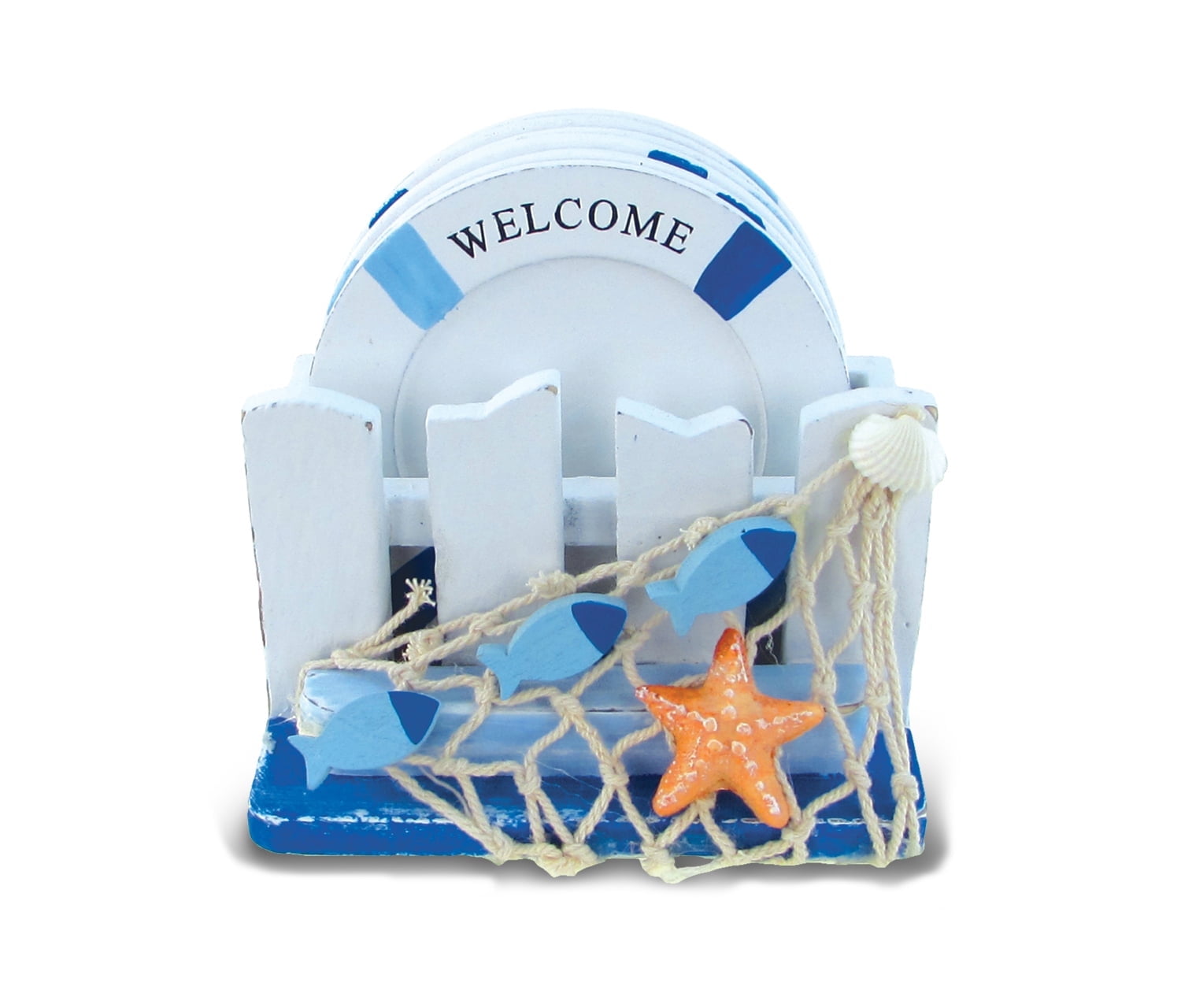 COTA Global Light Blue Stripes Nautical Wooden Coaster Set - Rustic ...